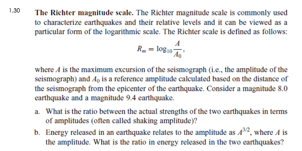 Solved 1.30 The Richter magnitude scale. The Richter | Chegg.com