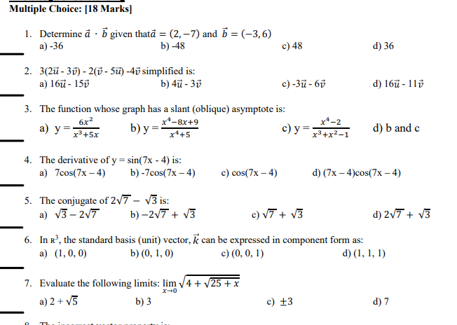 Solved Multiple Choice: [18 Marks] 1. Determine à b given | Chegg.com