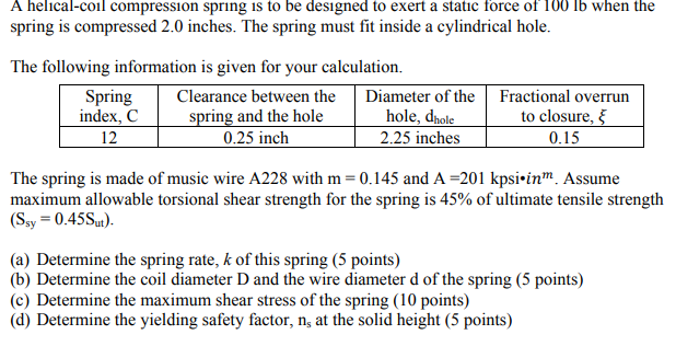 Solved A helical-coil compression spring is to be designed | Chegg.com