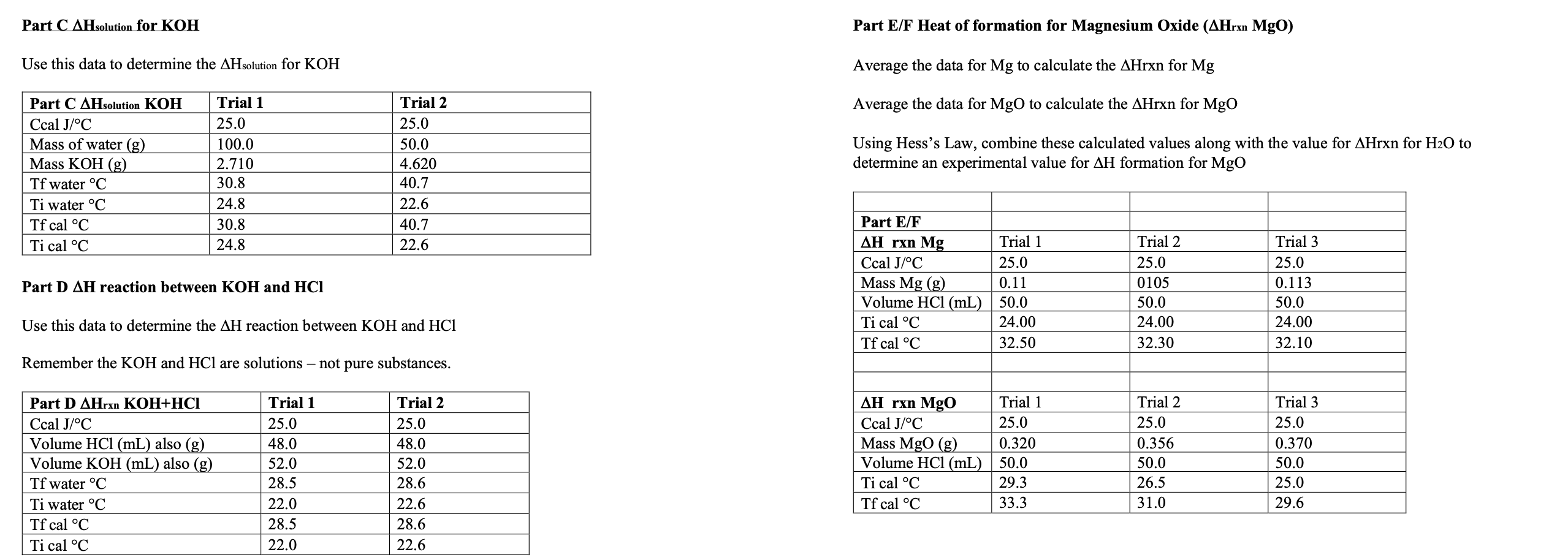 Solved For Parts A-D do the calculations for each trial | Chegg.com