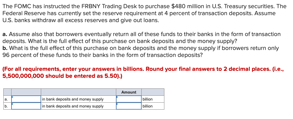 Solved The FOMC has instructed the FRBNY Trading Desk to | Chegg.com