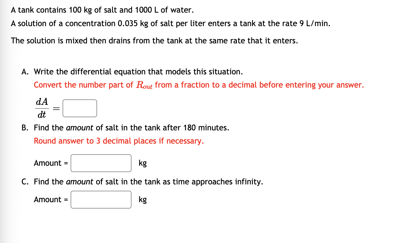 Solved A Tank Contains 100kg ﻿of Salt And 1000l ﻿of Water A