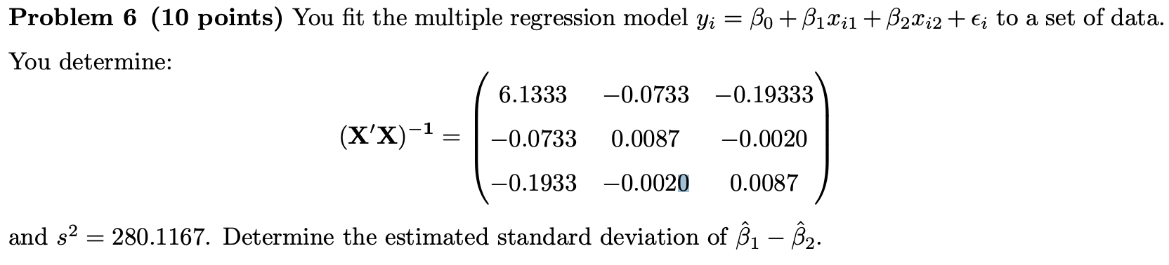 Solved You fit the multiple regression model yi = β0 + β1xi1 | Chegg.com