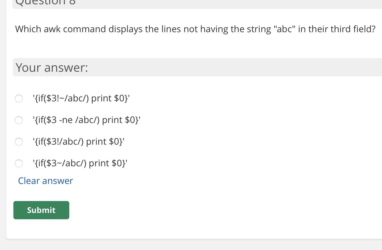 Solved Which awk command displays the lines not having the | Chegg.com