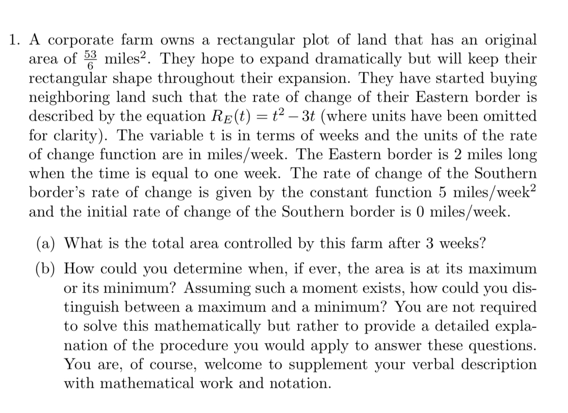 Solved 1. A corporate farm owns a rectangular plot of land | Chegg.com