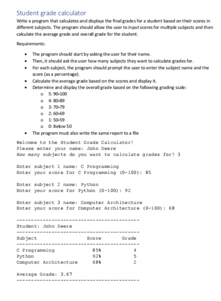 Solved Student grade calculatorWrite a C program that | Chegg.com