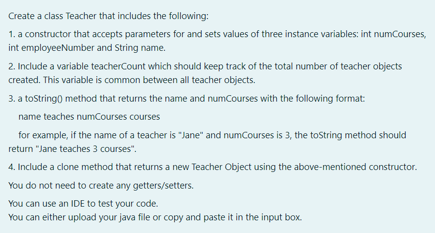 Solved Create a class Teacher that includes the following: | Chegg.com