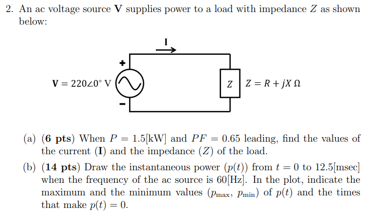 Solved 2. An ac voltage source V supplies power to a load | Chegg.com