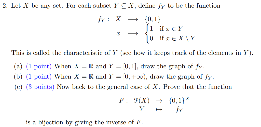Solved Let X be any set. For each subset Y ⊆ X, define fY to | Chegg.com