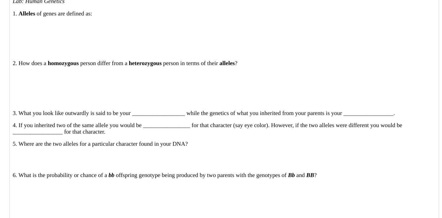 Solved Lab: Human Genetics 1. Alleles of genes are defined | Chegg.com ...