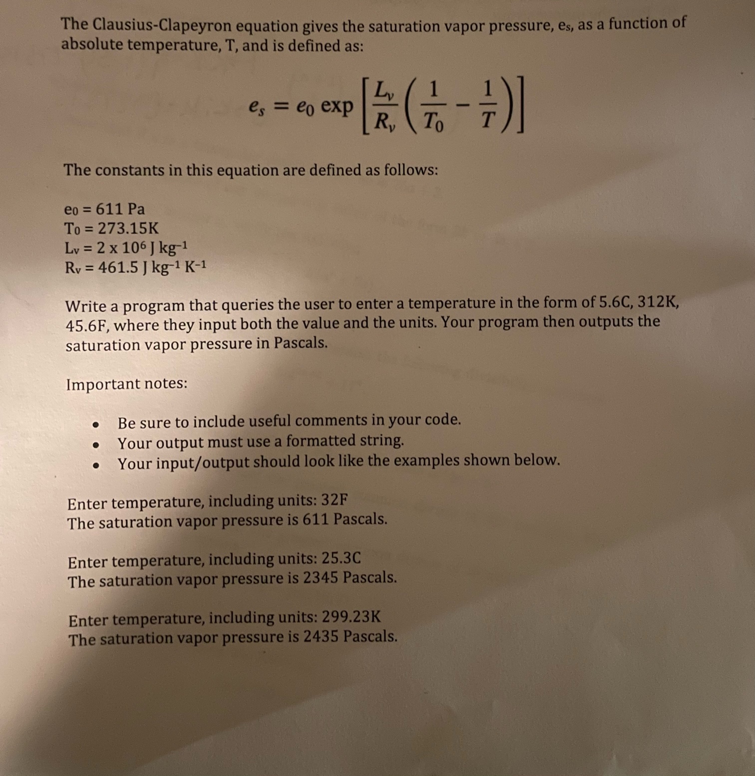 Solved The Clausius-Clapeyron equation gives the saturation | Chegg.com