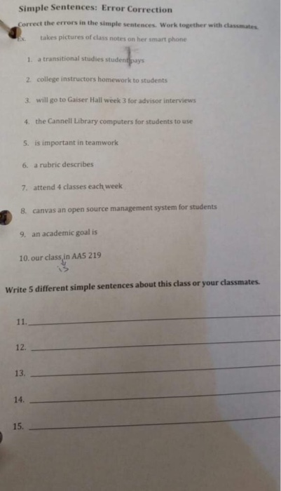 Simple Sentences: Error Correction orrect the errors | Chegg.com