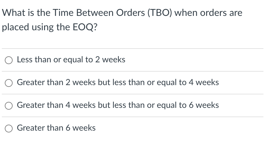 Solved What is the Time Between Orders (TBO) ﻿when orders | Chegg.com
