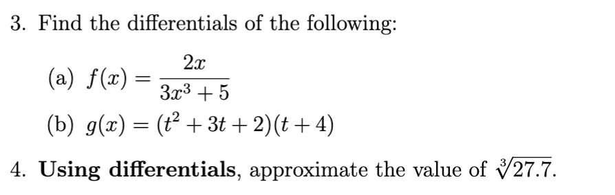 Solved 3. Find the differentials of the following: (a) | Chegg.com