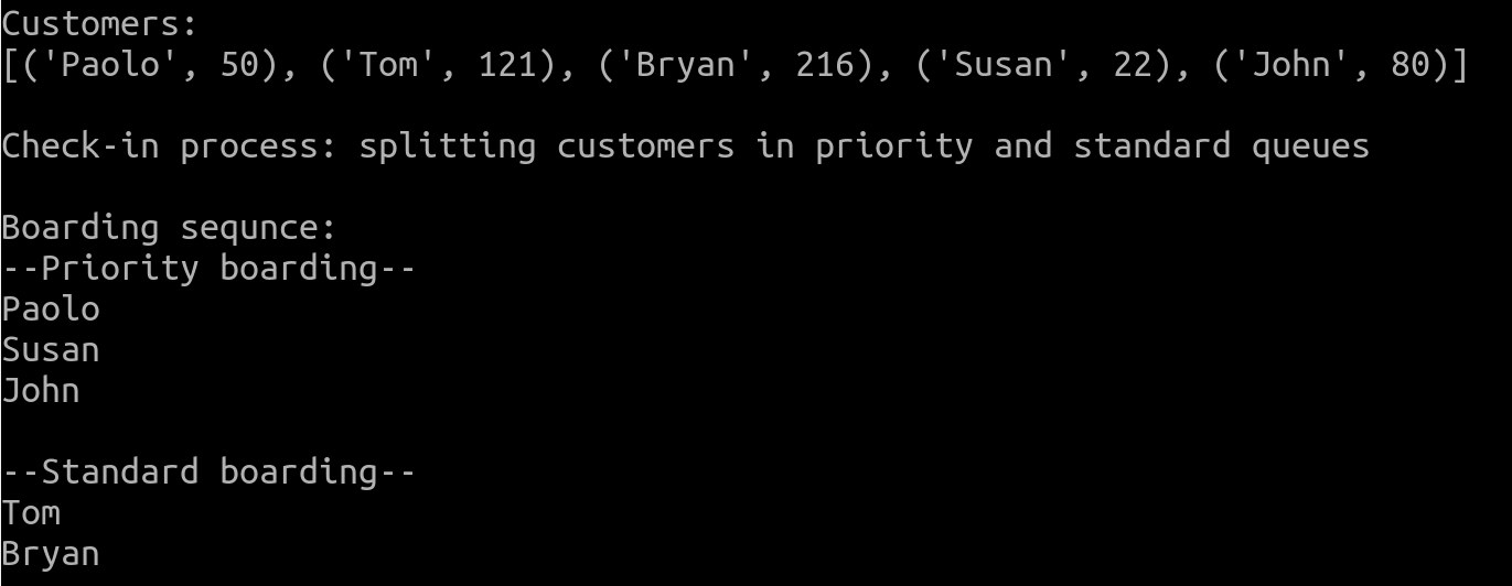 Solved Implement a python program that handles the boarding | Chegg.com