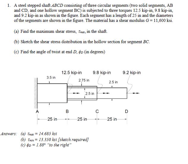 Solved 1. A steel stepped shaft ABCD consisting of three | Chegg.com