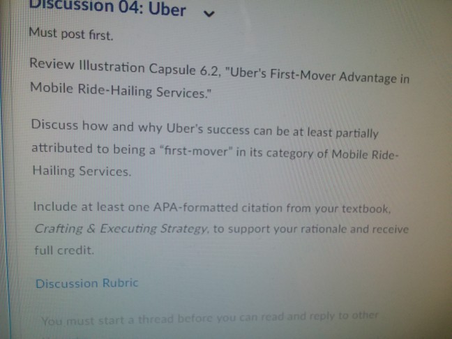 Solved DIScussion 04: Uber Must post first. Review | Chegg.com