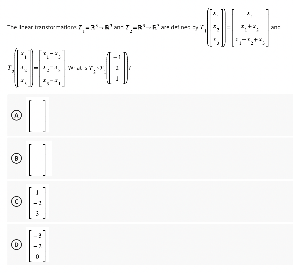 Solved The linear transformations T1=R3→R3 and T2=R3→R3 are | Chegg.com