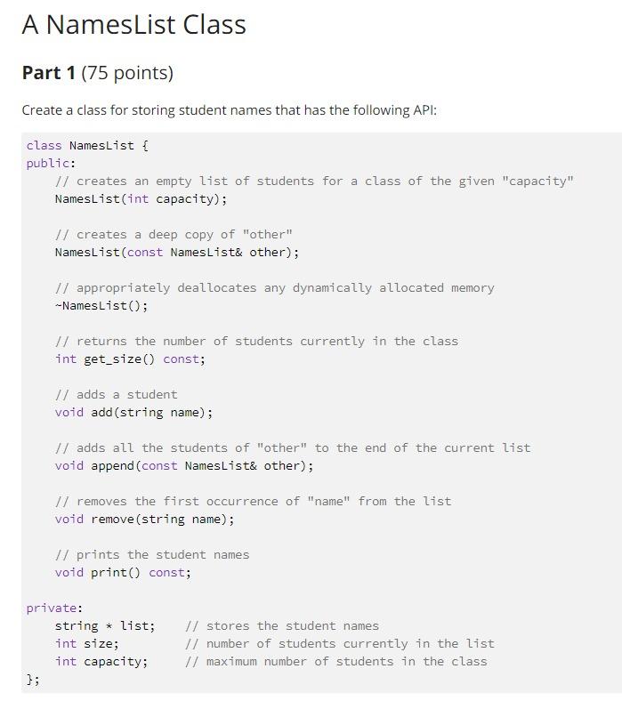 Solved A Names List Class Part 1 (75 points) Create a class | Chegg.com