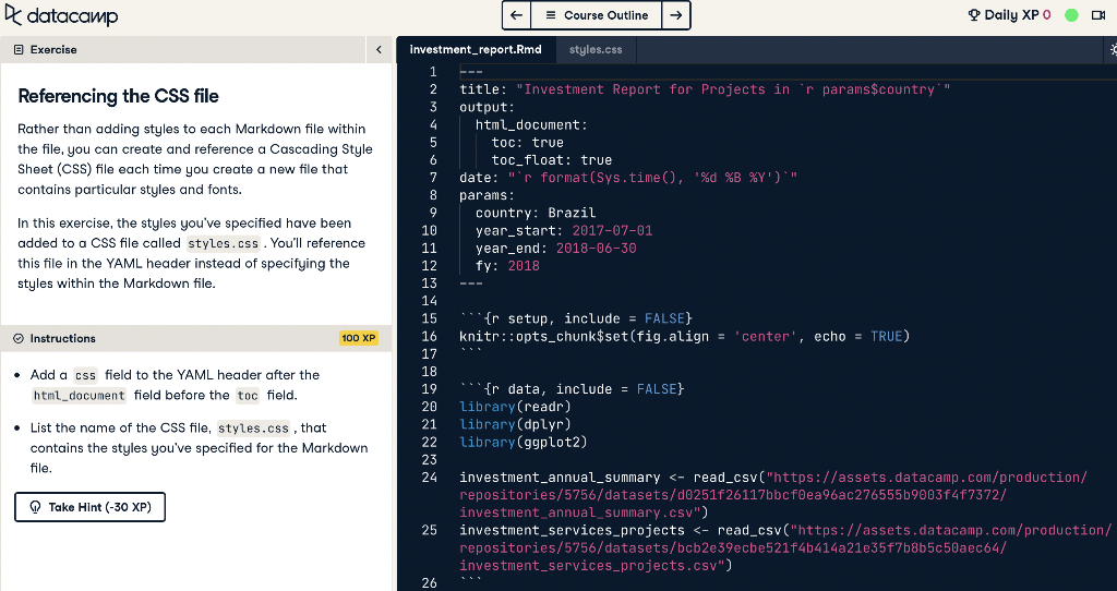 Solved L datacamp P Daily XP O Referencing the CSS file | Chegg.com