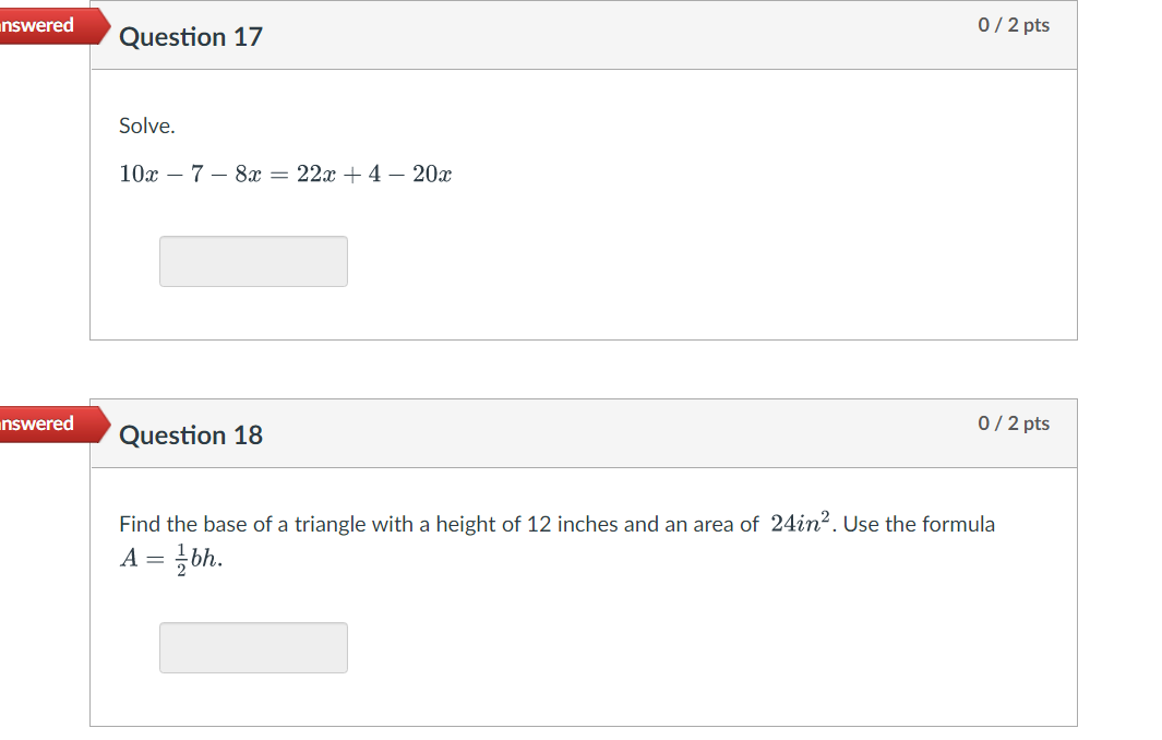Solved Solve. 10x−7−8x=22x+4−20x Question 18 Find the base | Chegg.com