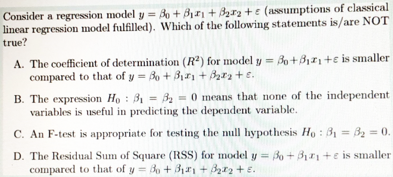 Solved Consider a regression model y=β0+β1x1+β2x2+ε | Chegg.com