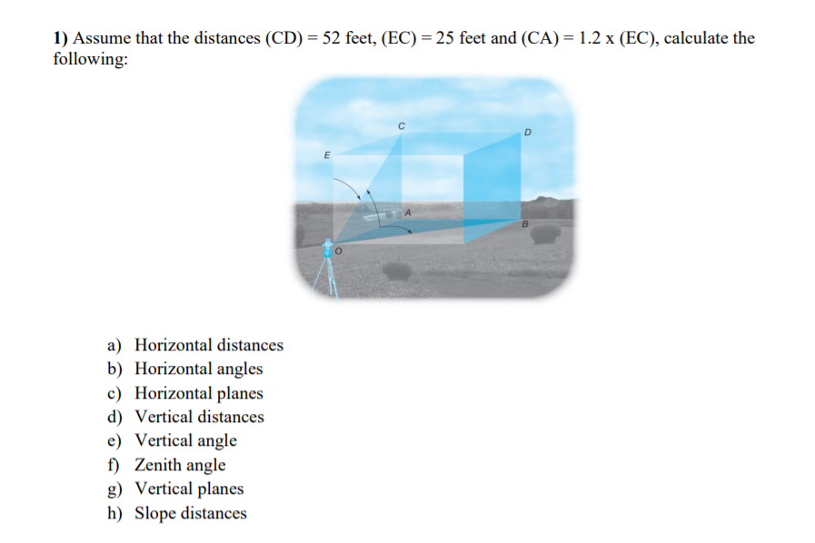 Solved 1) Assume that the distances (CD) = 52 feet, (EC) = | Chegg.com