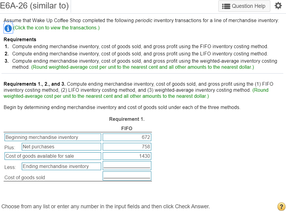 Solved E6A-26 (similar to) Question Help Assume that Wake Up | Chegg.com