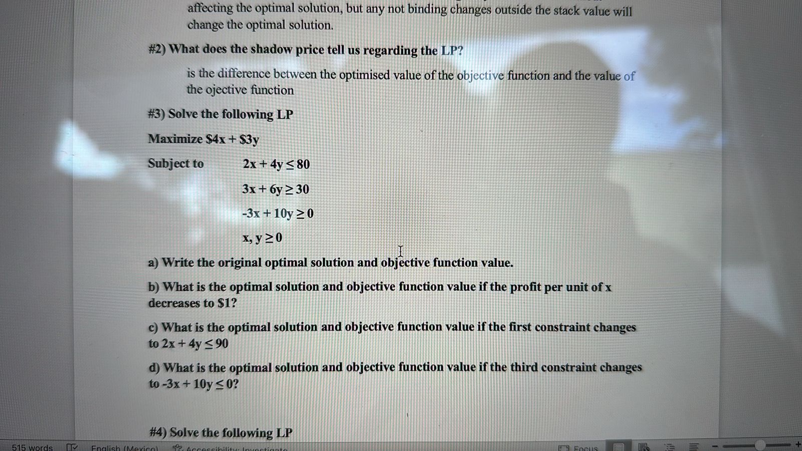 Solved #2) ﻿What does the shadow price tell us regarding the | Chegg.com