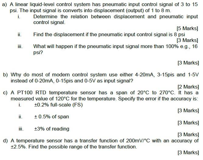 Solved a) A linear liquid-level control system has pneumatic | Chegg.com