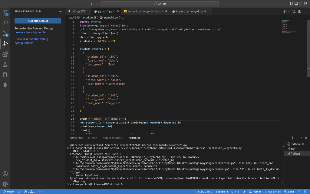 Solved I am getting an error with documentation from | Chegg.com
