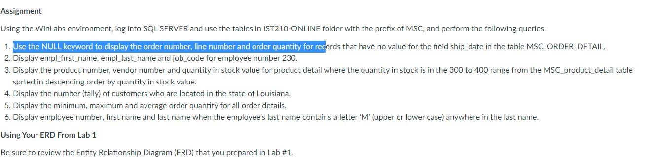 Solved Using the WinLabs environment, log into SQL SERVER | Chegg.com