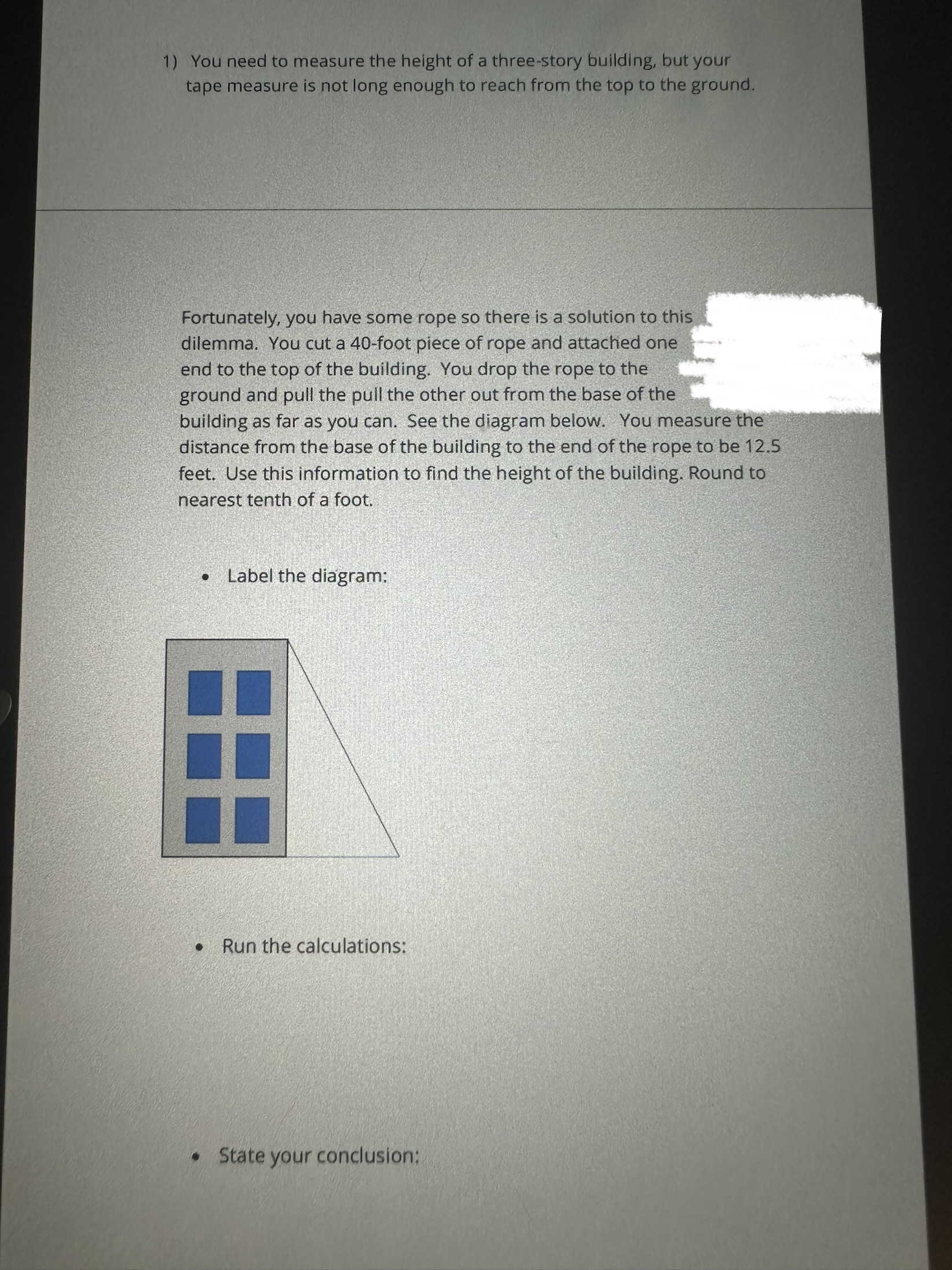 Solved 1) You need to measure the height of a three-story | Chegg.com