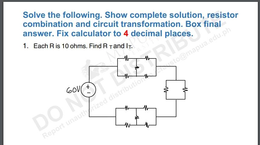 Solved Solve the following. Show complete solution, resistor | Chegg.com