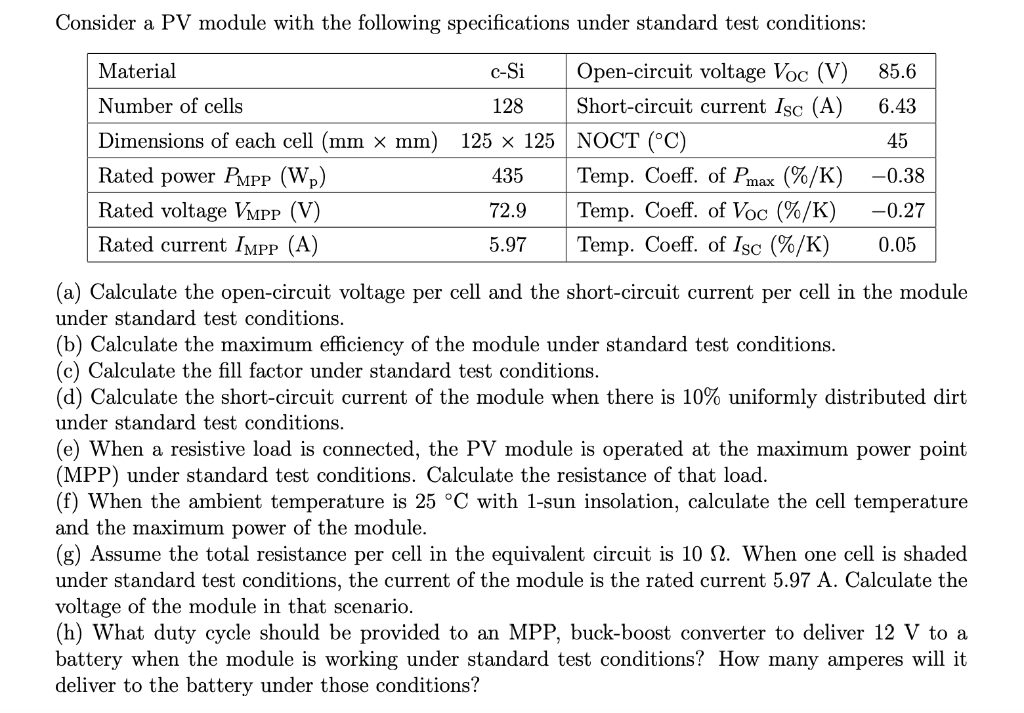 Consider a PV module with the following | Chegg.com