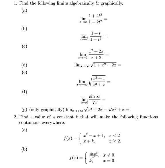 Solved 1. Find the following limits algebraically & | Chegg.com