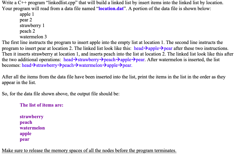 Solved Write a C++ program "linkedlist.cpp" that will build | Chegg.com