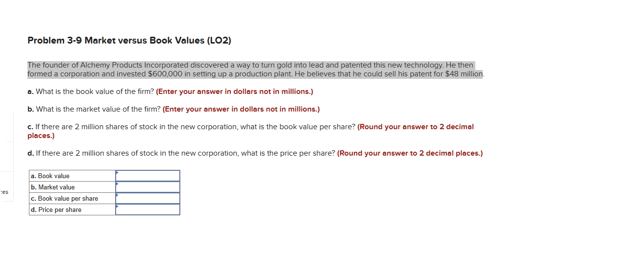Solved Problem 3-9 Market versus Book Values (LO2) The | Chegg.com