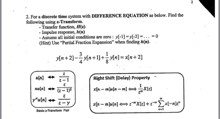 Solved 2 For A Discrete Time System With Difference 