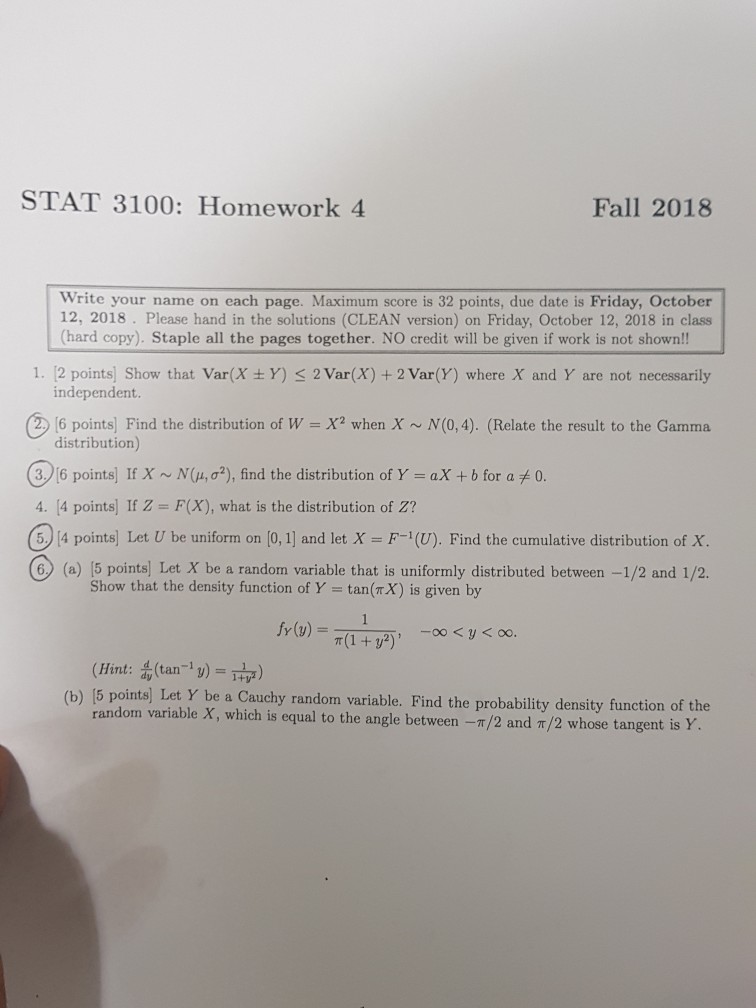 Solved STAT 3100: Homework 4 Fall 2018 Write your name on | Chegg.com
