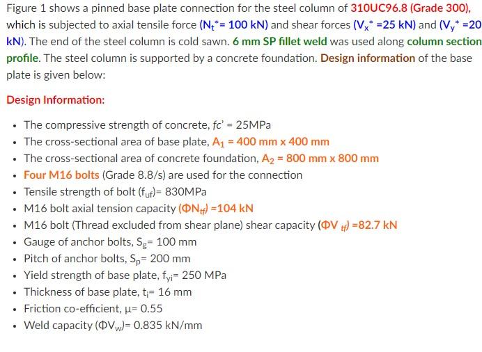 Solved Figure 1 shows a pinned base plate connection for the | Chegg.com
