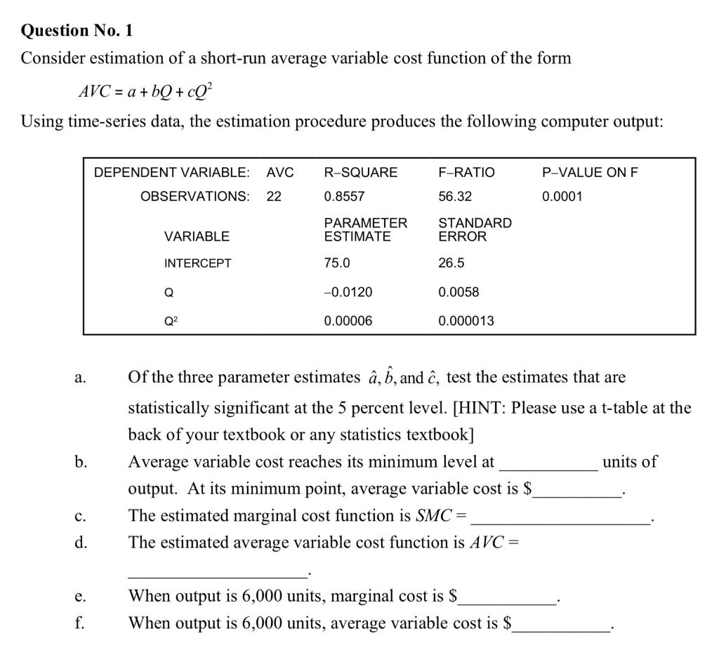 Solved Question No. 1 Consider estimation of a short-run | Chegg.com