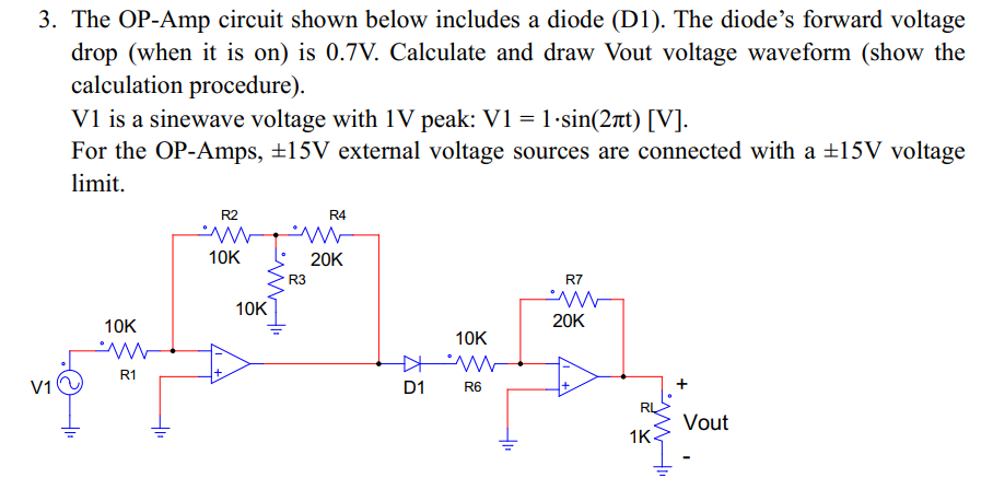 Solved 3. The OP-Amp circuit shown below includes a diode | Chegg.com