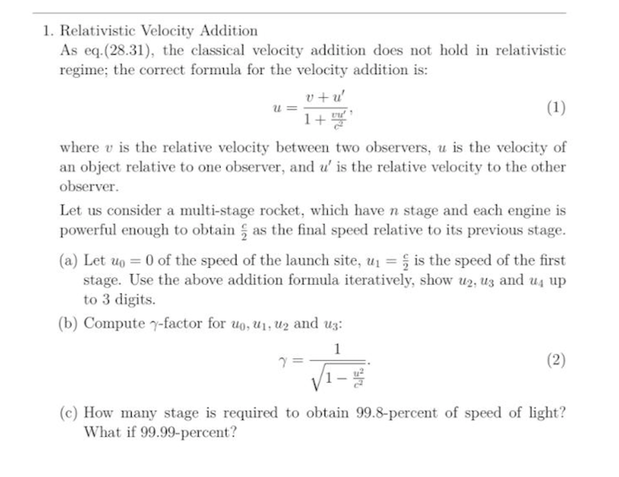 Solved U 1 Relativistic Velocity Addition As Eq 28 31