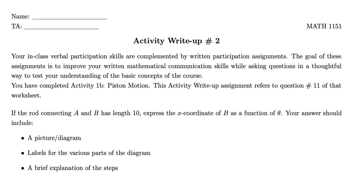 Solved Name: TA: MATH 1151 Activity Write-up # 2 Your | Chegg.com