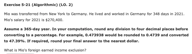 Solved Exercise 5-21 (Algorithmic) (LO. 2) Mio was | Chegg.com