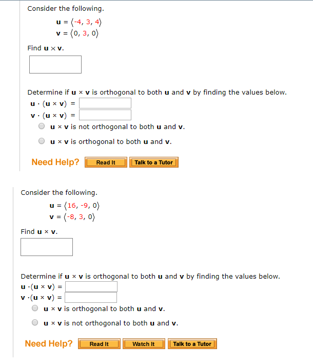 Solved Consider the following u4, 3, 4 v (0, 3, 0 Find u v | Chegg.com