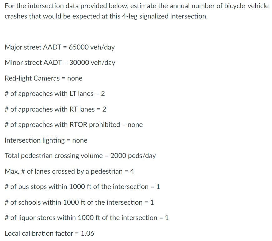 Solved For the intersection data provided below, estimate | Chegg.com