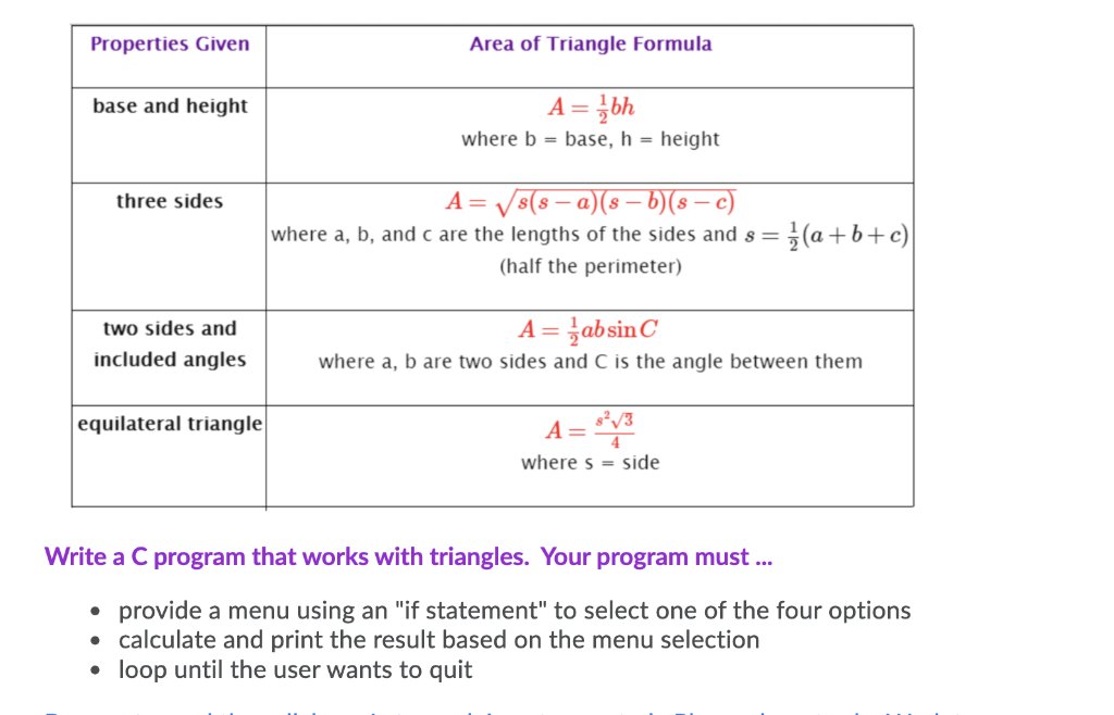 Solved Properties Given Area of Triangle Formula base and | Chegg.com