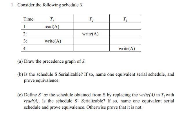 Solved 1. Consider the following schedule S. Time T T T | Chegg.com
